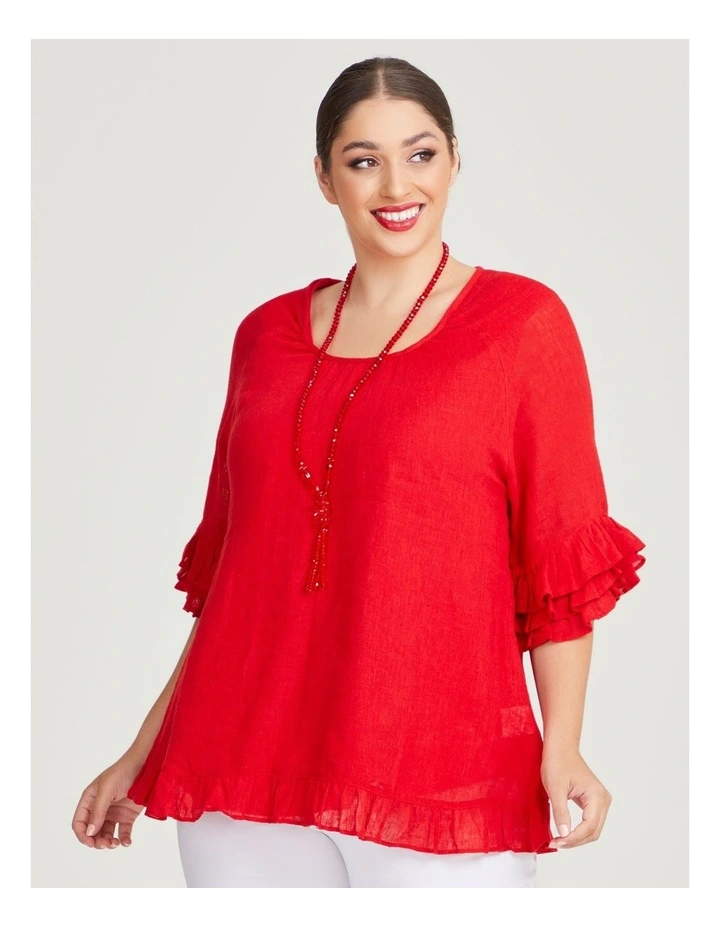 Taking Shape Linen Blend Ruffle Top in Racing Red | MYER