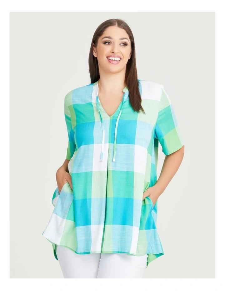Taking Shape Tie Neck Check Natural Tunic in Green Check | MYER