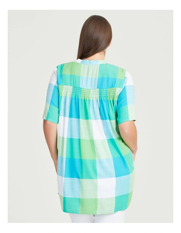 Taking Shape Tie Neck Check Natural Tunic in Green Check | MYER