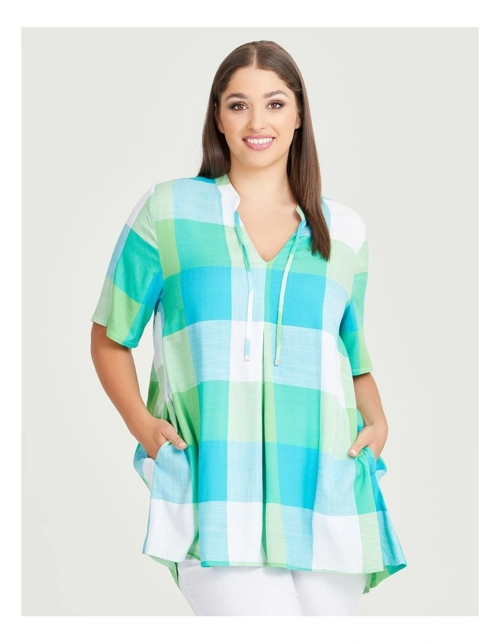 Taking Shape Tie Neck Check Natural Tunic in Green Check | MYER