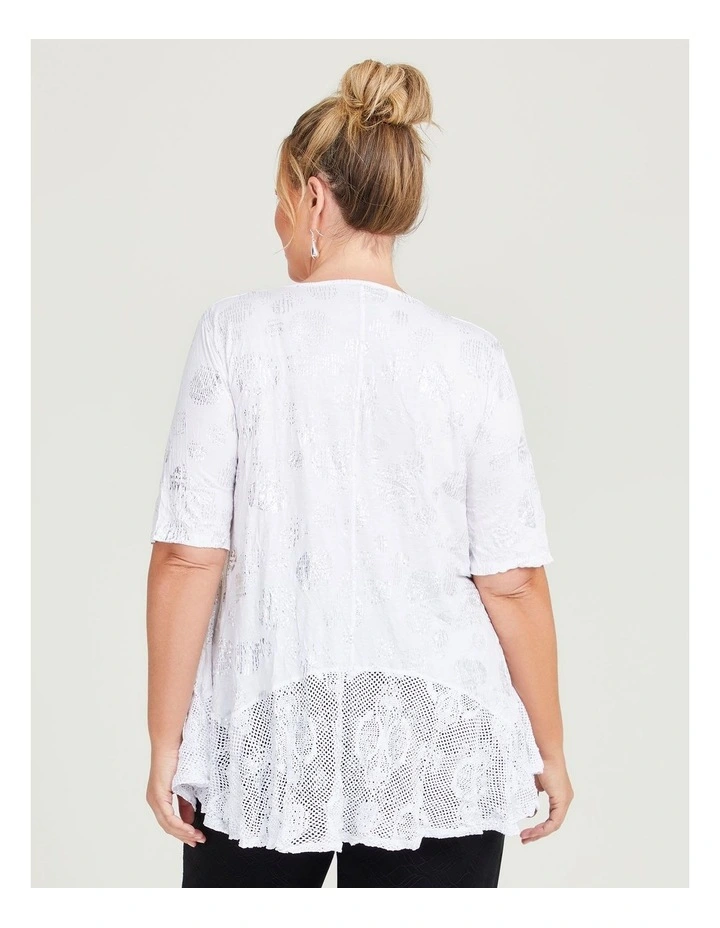Taking Shape Mesh Overlay Foil Bamboo Top in White/Silver | MYER