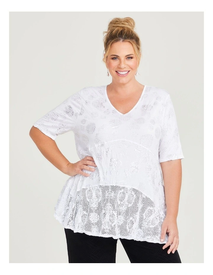 Taking Shape Mesh Overlay Foil Bamboo Top in White/Silver | MYER