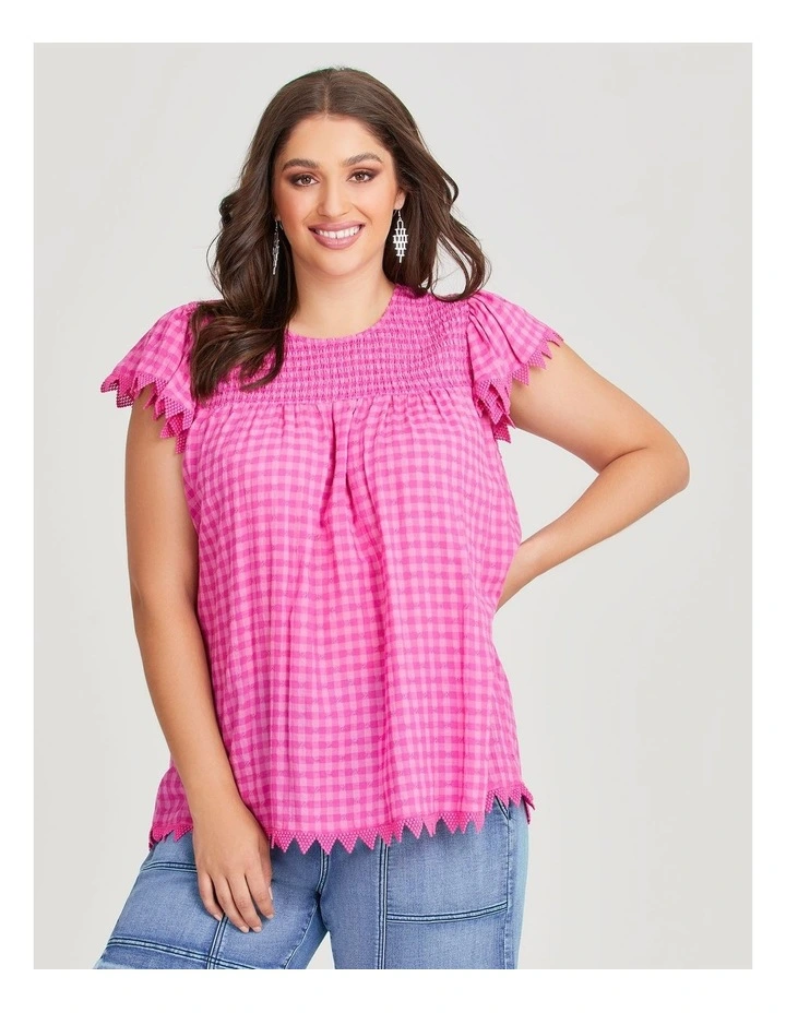 Taking Shape Natural Lace Trim Gingham Top in Raspberry Rose | MYER