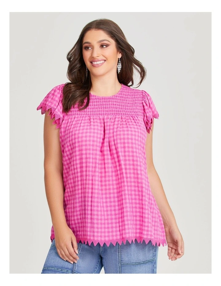 Taking Shape Natural Lace Trim Gingham Top in Raspberry Rose | MYER