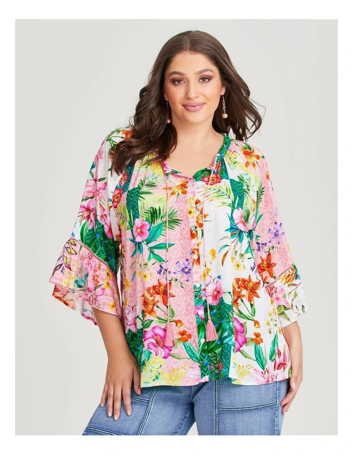 Taking Shape Natural Patchwork Floral Top in Print | MYER