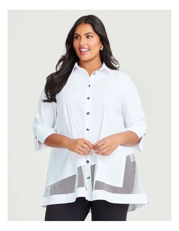 Taking Shape Mesh Trim Stretch Cotton Shirt in White | MYER