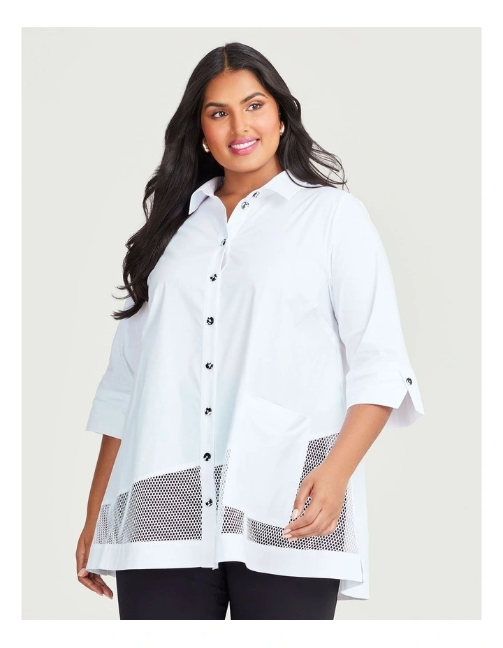 Taking Shape Mesh Trim Stretch Cotton Shirt in White | MYER