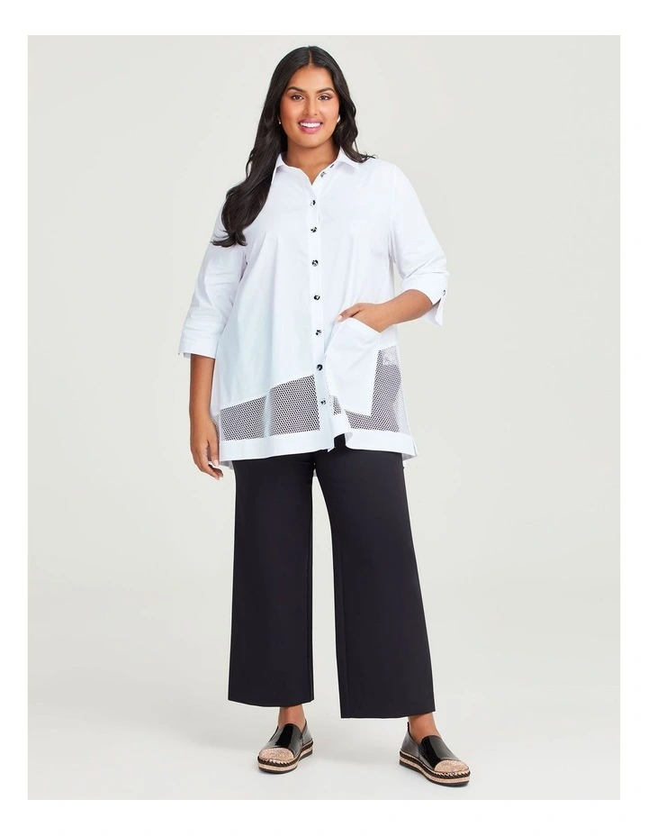 Taking Shape Mesh Trim Stretch Cotton Shirt in White | MYER
