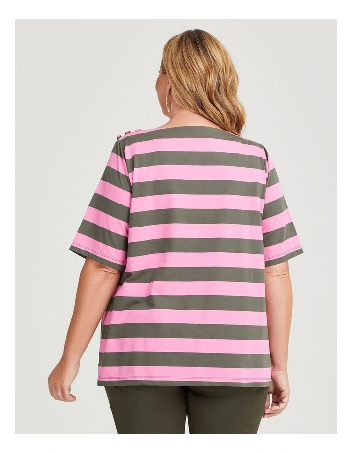 Taking Shape Cotton Block Stripe Button Top in Myrtle/Aurora Pink | MYER