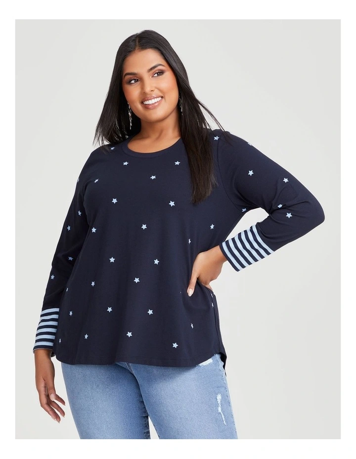 Taking Shape Cotton Stars + Stripes Top in Navy/Powder Blue | MYER
