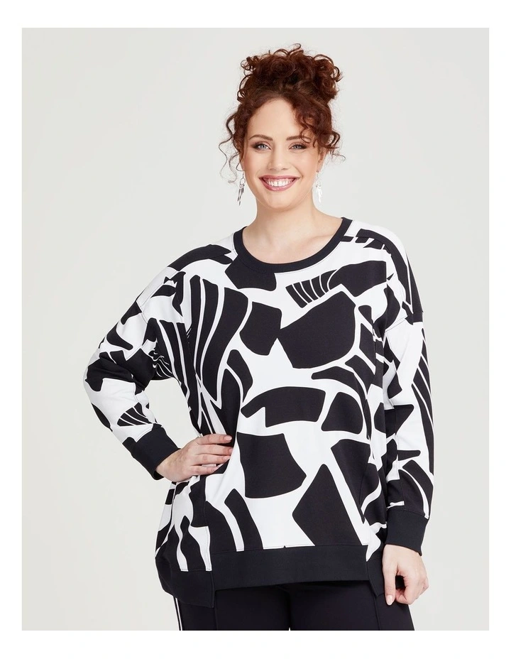 Taking Shape Cotton Geo Print Sweatshirt in Black/Off White | MYER
