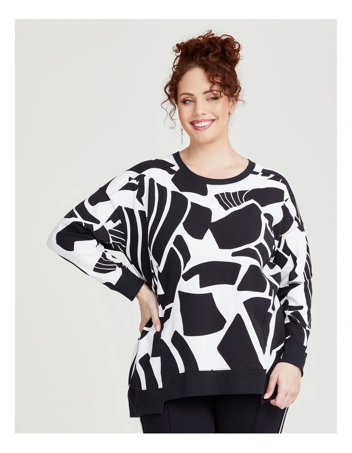 Taking Shape Cotton Geo Print Sweatshirt in Black/Off White | MYER