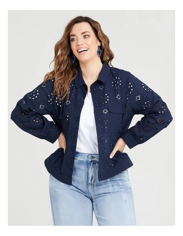 Taking Shape Cotton Broderie Collar Jacket in Navy | MYER