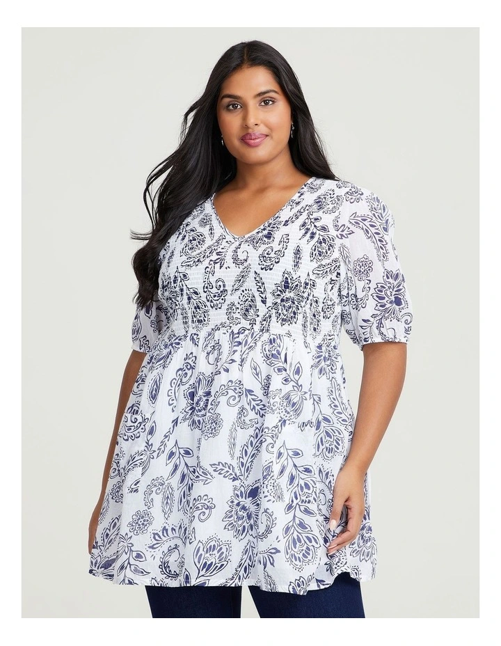 Taking Shape Cotton Print Shirred Tunic in White Multi | MYER