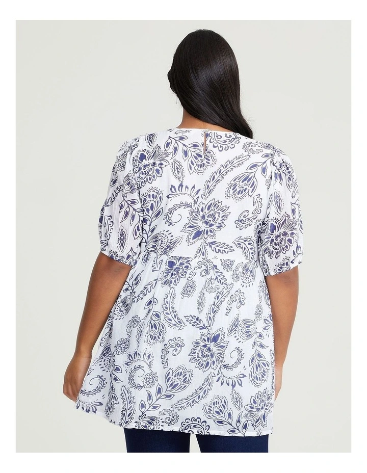 Taking Shape Cotton Print Shirred Tunic in White Multi | MYER