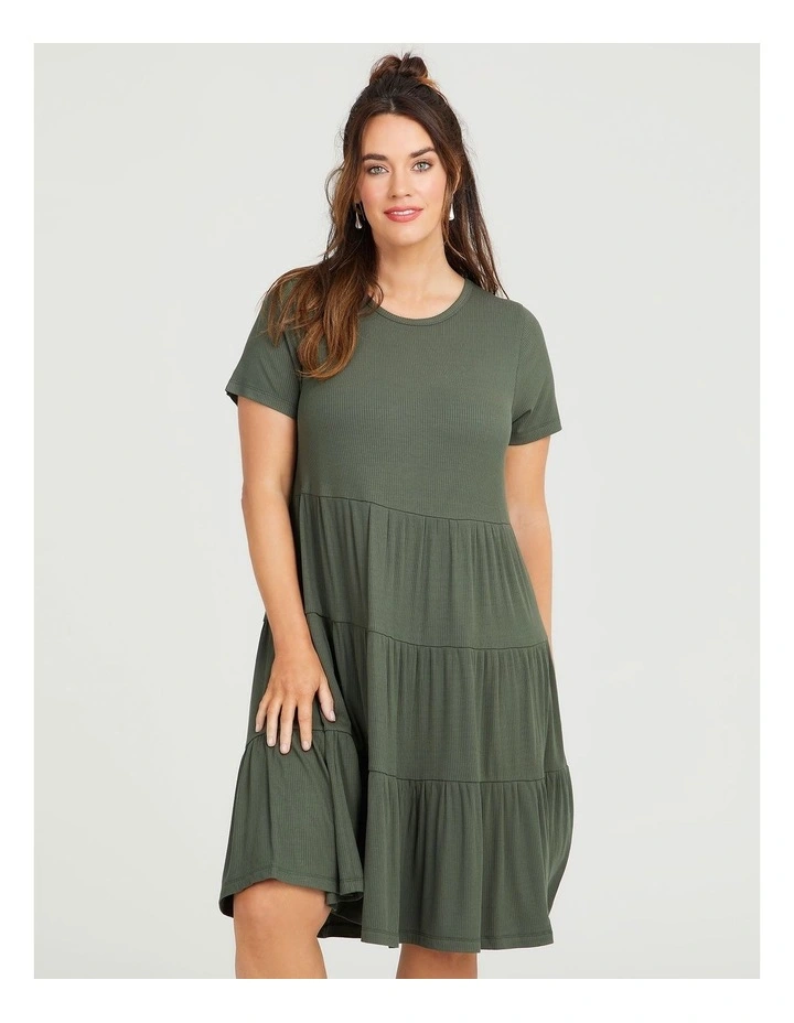 Taking Shape Natural Rib Tiered Dress Pine Green | MYER