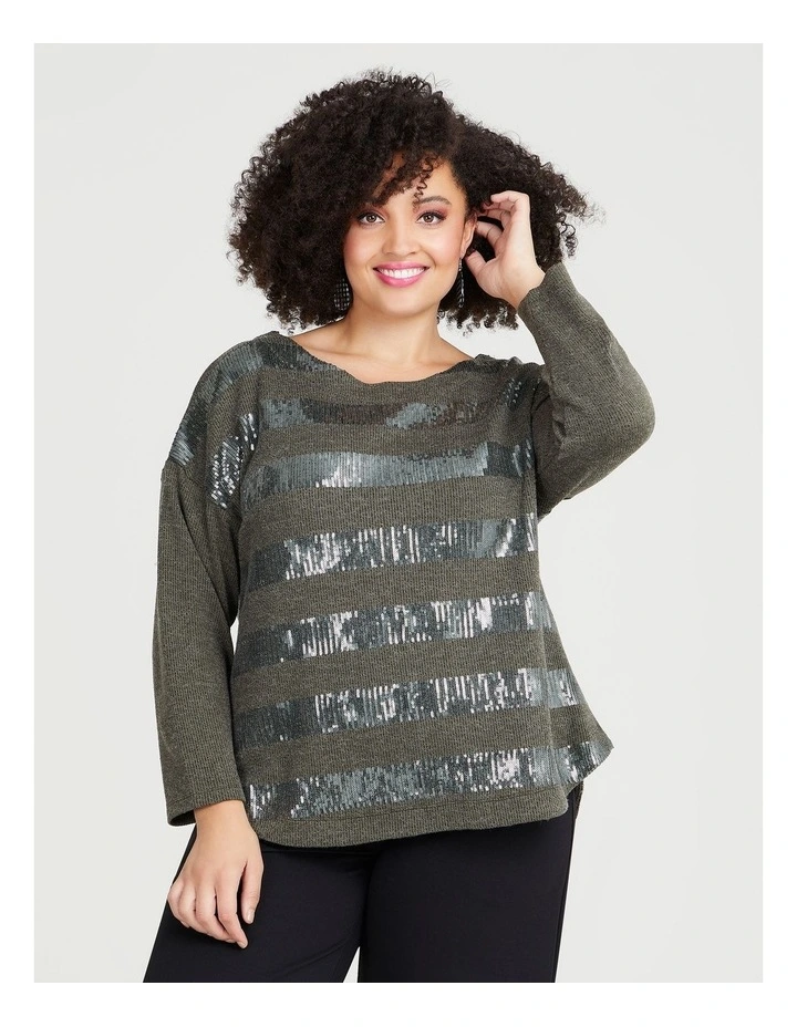 Taking Shape Rib Sequin Stripe Top Olive | MYER