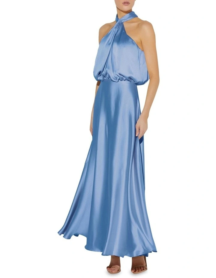 Montique India Satin Halter Gown in Sky Blue | MYER