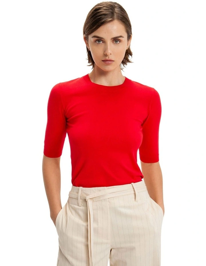 Cue Elbow Sleeve Round Neck Knit Top in Tabasco | MYER