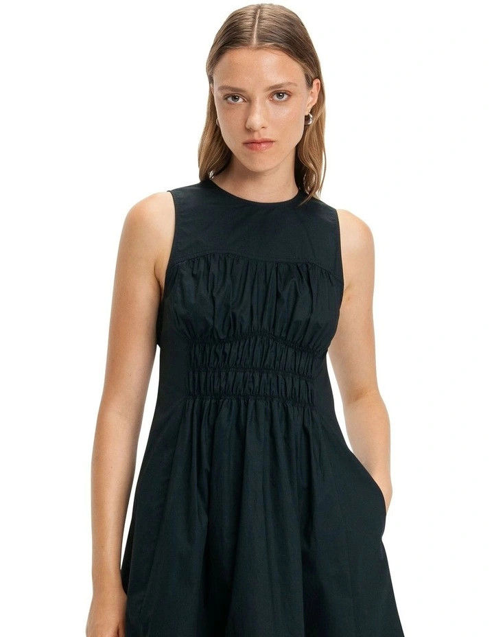 Cue Gathered Cotton Mini Dress in Black | MYER