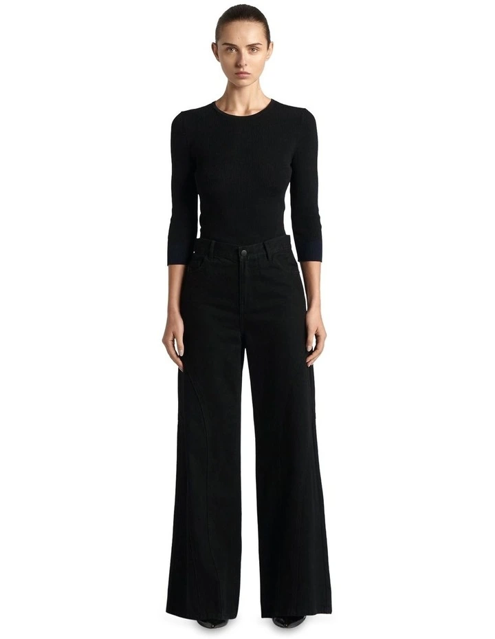 Cue Ribbed Contrast Trim 3/4 Sleeve Knit in Black | MYER