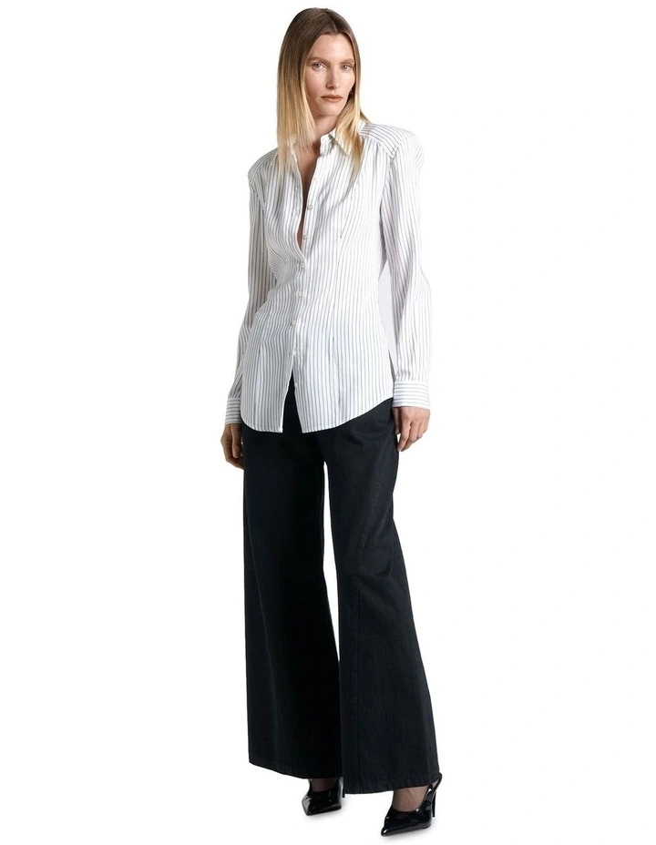 Cue Stripe Shoulder Pad Shirt in White/Navy | MYER