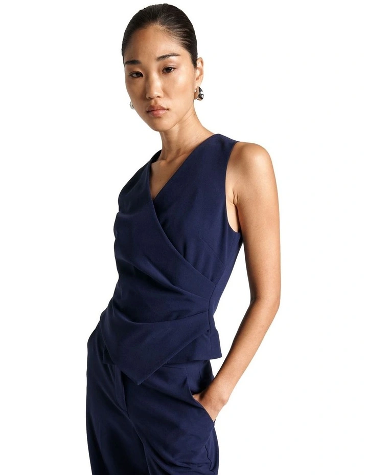 Cue Double Weave Faux Wrap Top in Navy | MYER