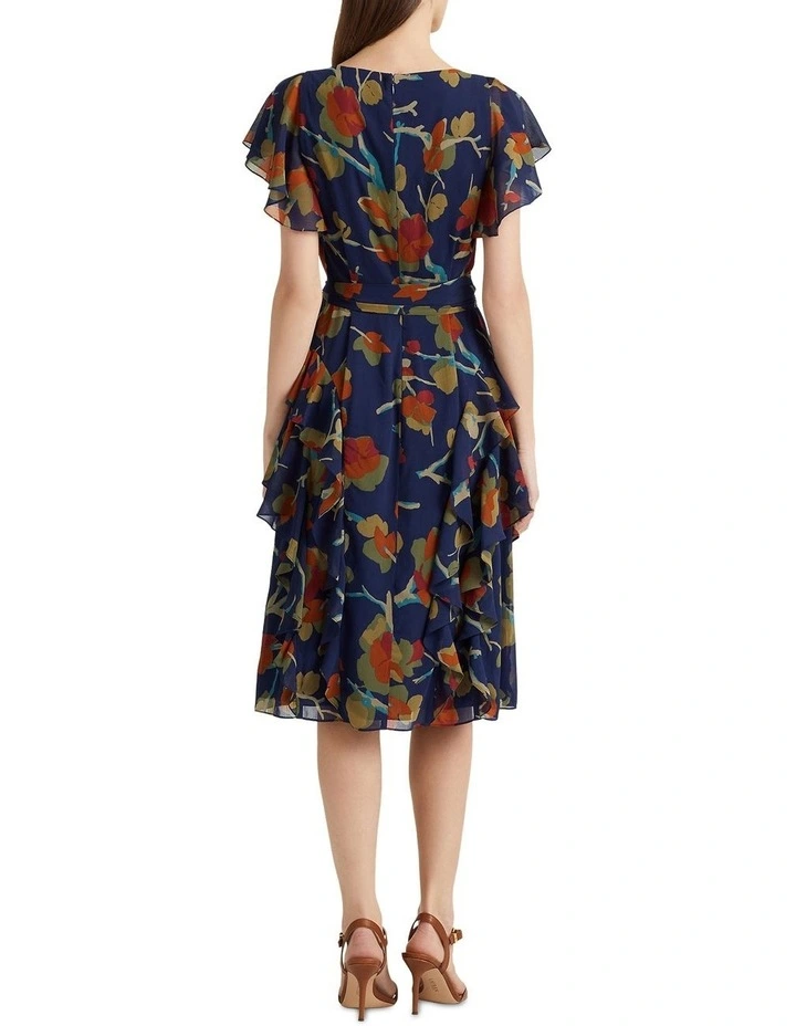 Lauren Ralph Lauren Floral Ruffle-Trim Georgette Dress in Blue | MYER