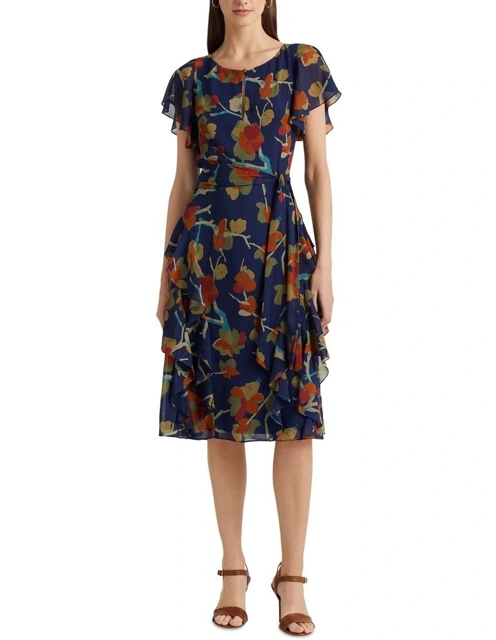 Lauren Ralph Lauren Floral Ruffle-Trim Georgette Dress In Blue | MYER
