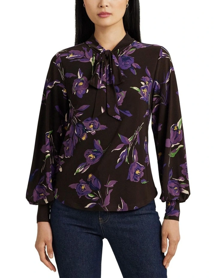 Lauren Ralph Lauren Floral Stretch Jersey Tie Neck Top In Multi Myer
