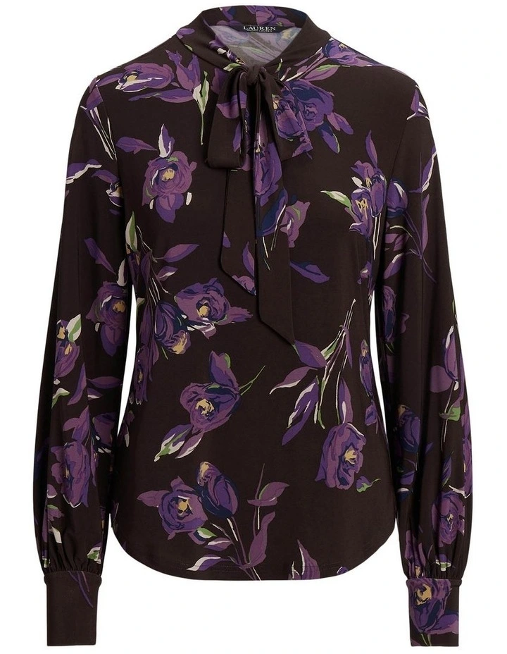 Lauren Ralph Lauren Floral Stretch Jersey Tie Neck Top In Multi Myer