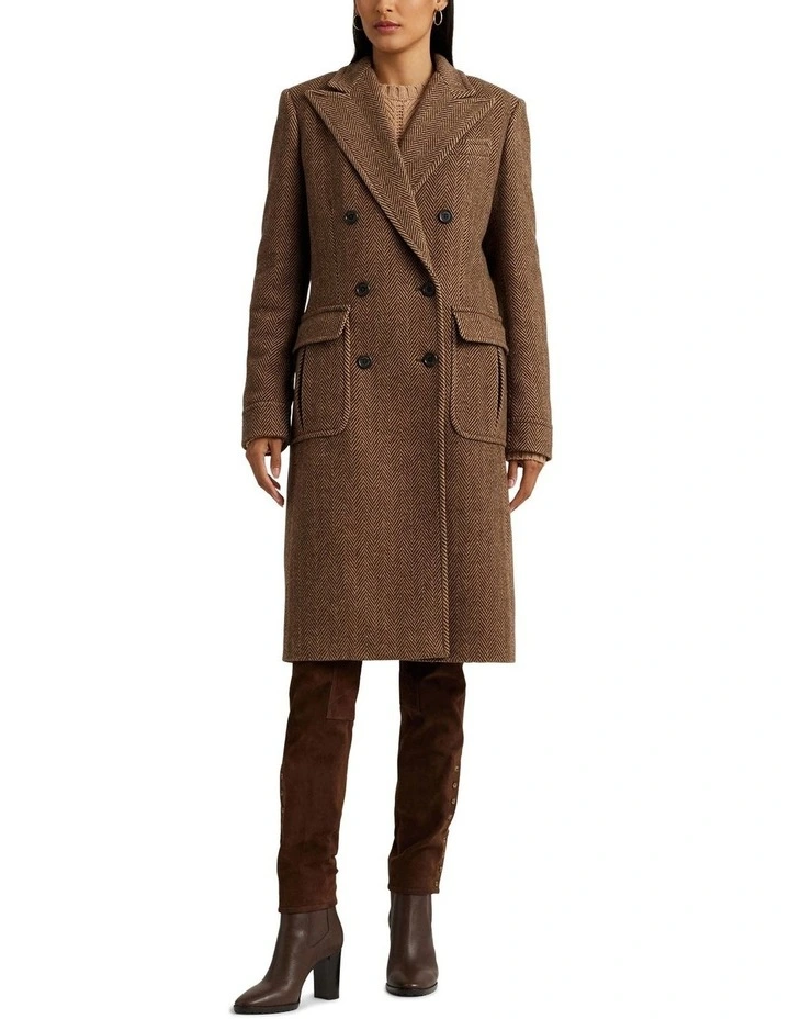 Lauren Ralph Lauren Double-Breasted Herringbone Coat in Brown | MYER