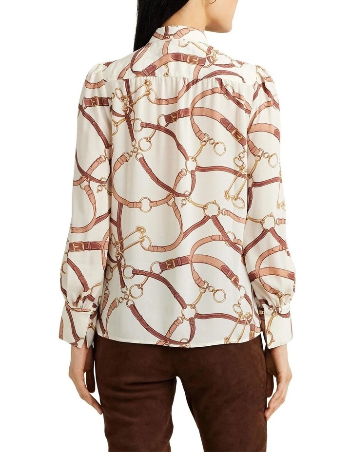 Lauren Ralph Lauren Belting-Print Georgette Tie-Neck Blouse in White | MYER