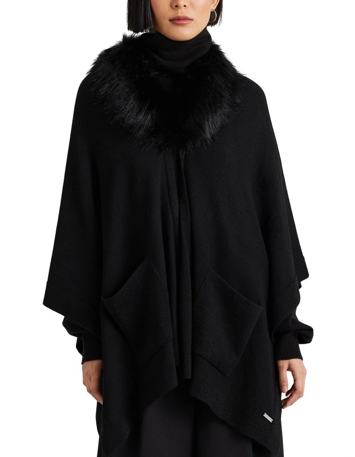 Lauren Ralph Lauren Faux-Fur-Trim Ruana in Black | MYER