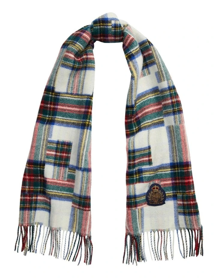 Lauren Ralph Lauren Mixed-Plaid Crest-Patch Wool-Blend Scarf In Natural ...