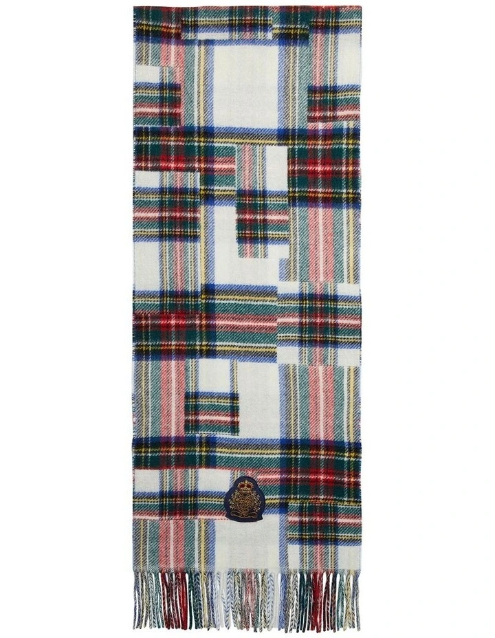 Lauren Ralph Lauren Mixed-Plaid Crest-Patch Wool-Blend Scarf In Natural ...