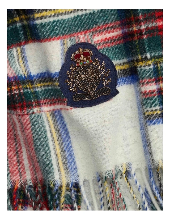 Lauren Ralph Lauren Mixed-Plaid Crest-Patch Wool-Blend Scarf In Natural ...