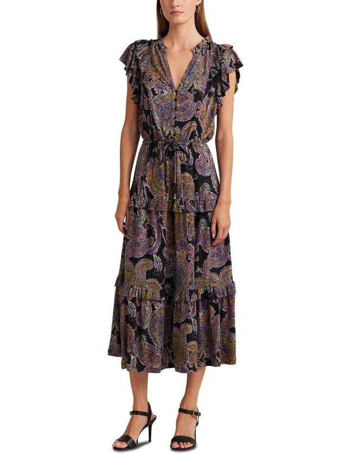 Lauren Ralph Lauren Paisley Linen Blend Jersey Tiered Dress In Black Myer