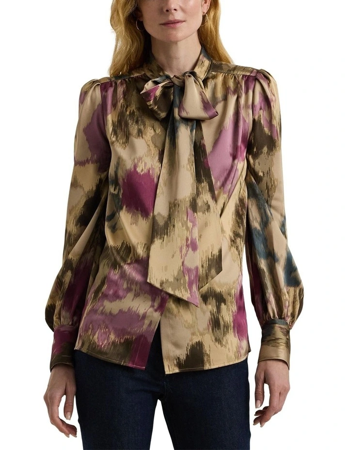 Lauren Ralph Lauren Floral Satin Charmeuse Tie-Neck Blouse in Beige | MYER