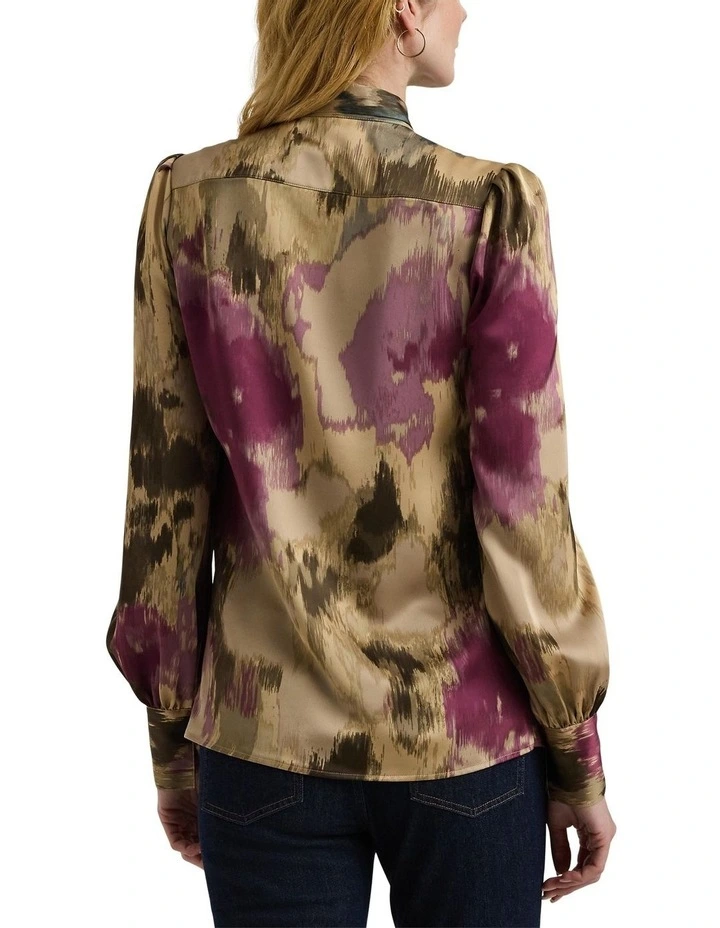 Lauren Ralph Lauren Floral Satin Charmeuse Tie-Neck Blouse in Beige | MYER