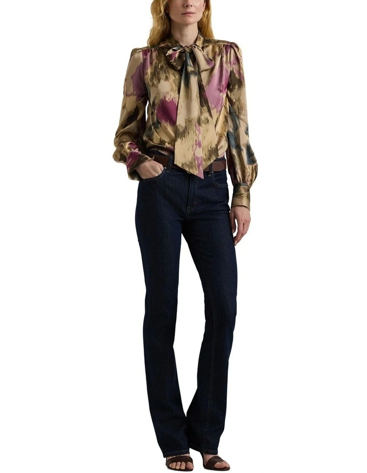 Lauren Ralph Lauren Floral Satin Charmeuse Tie-Neck Blouse in Beige | MYER
