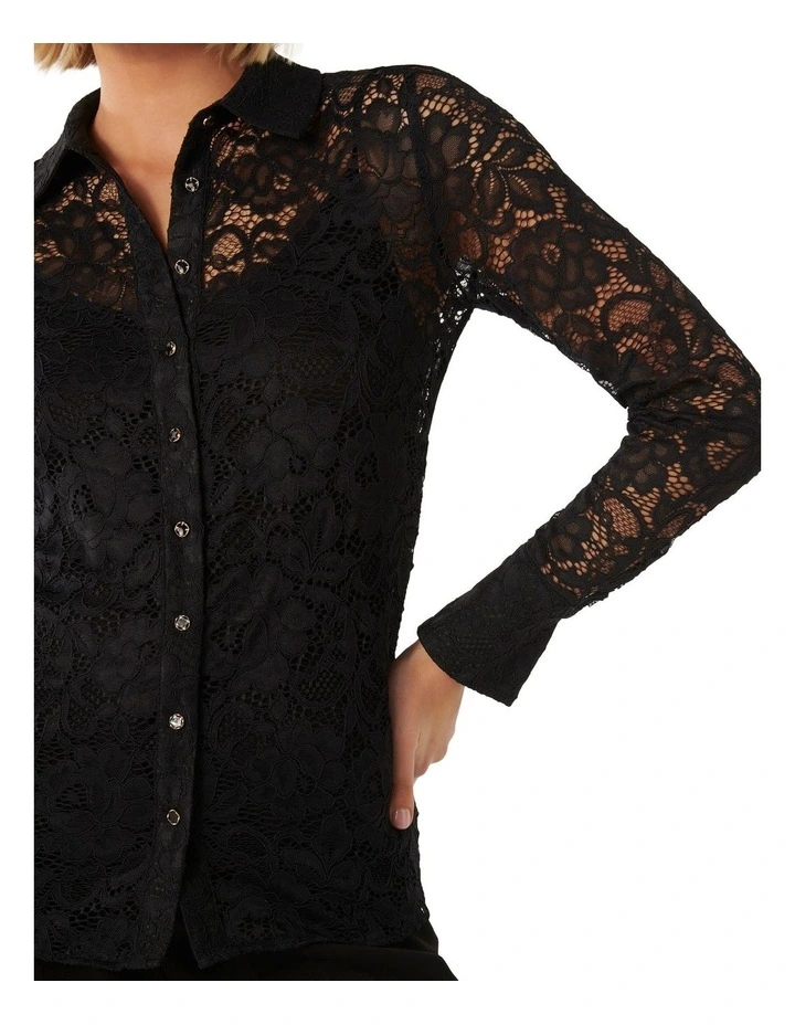 Forever New Ita Lace Button Down Shirt in Black | MYER