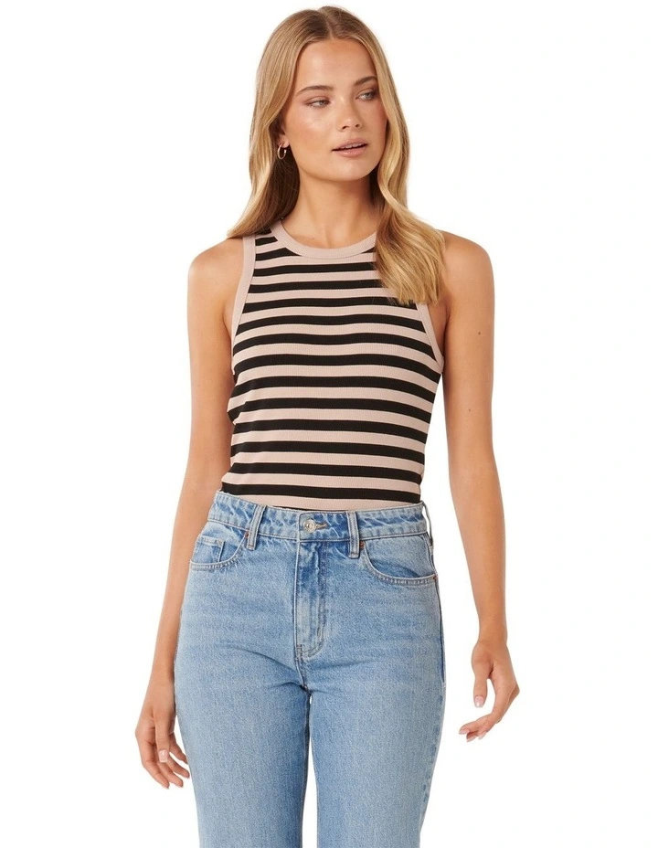 Forever New Remi Stripe Rib Racer Tank Top in Neutral/Black | MYER