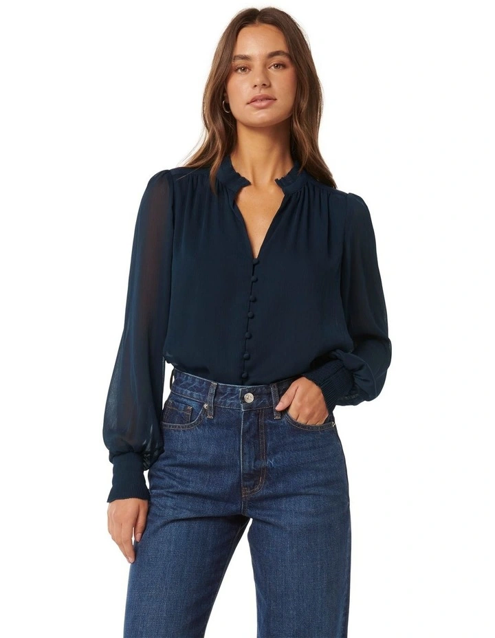 Forever New Floral Fluted Pleat Blouse in Blue | MYER