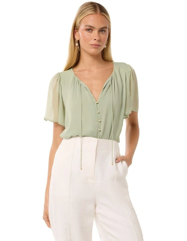 Forever New Alba Button Front Blouse in Aqua Grey | MYER