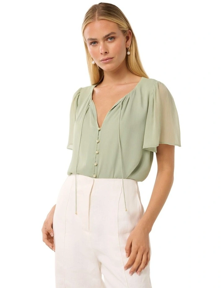 Forever New Alba Button Front Blouse in Aqua Grey | MYER