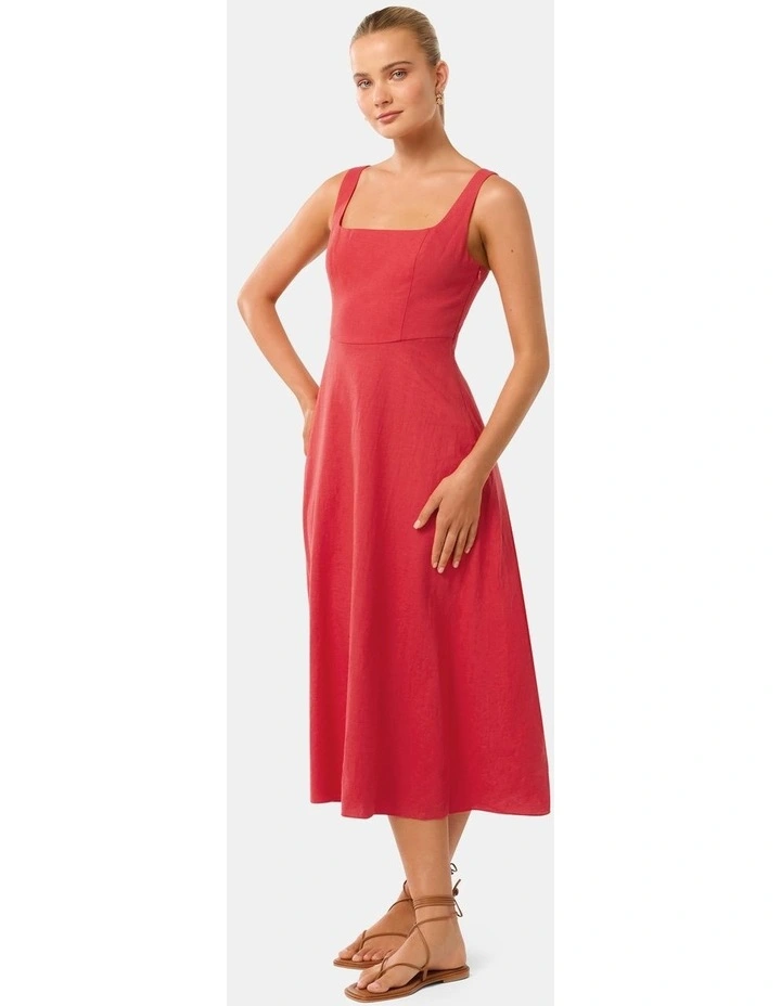 Forever New Tori Square Neck Linen Midi Dress in Red | MYER