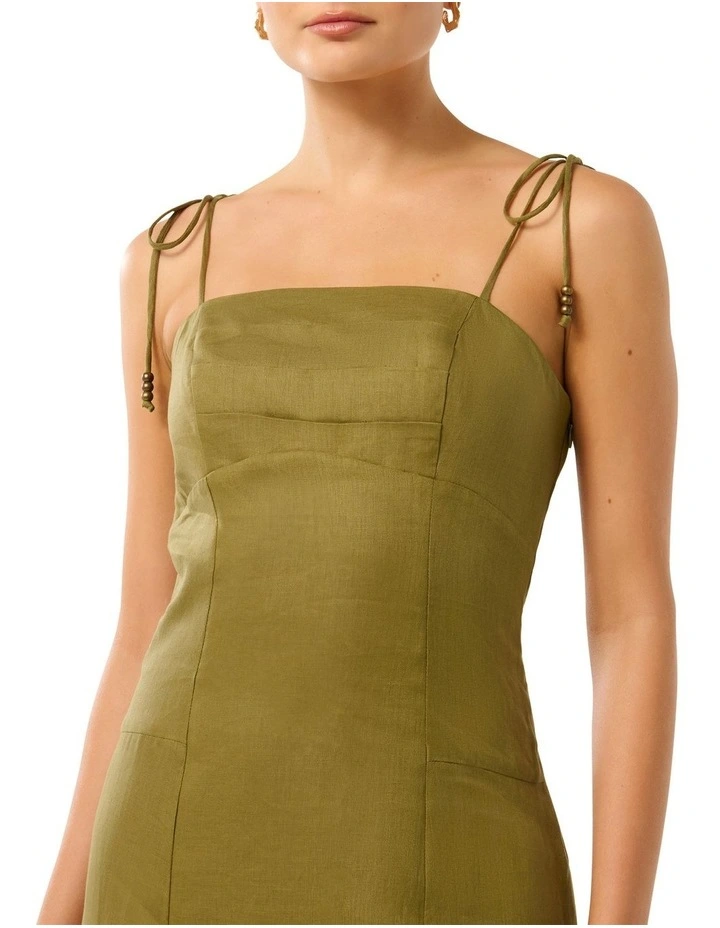 Forever New Rita Beaded Tie Linen Midi Dress in Olive Branch | MYER