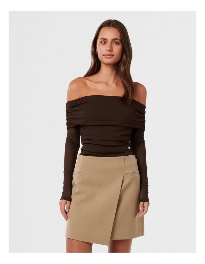 Forever New Kaia Ruched Mesh Bardot Top in Chocolate | MYER