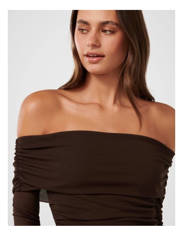 Forever New Kaia Ruched Mesh Bardot Top in Chocolate | MYER